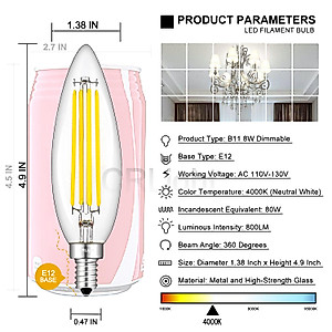 CRLight 8W Dimmable LED Candelabra Bulb 4000K Daylight White, 80W Equivalent 800LM E12 LED Candle Bulbs, Upgraded Lengthened B11 Clear Glass Torpedo Shape Chandelier Light Bulbs, 6 Pack