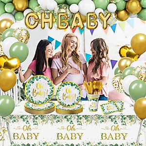 244 PCS Sage Green Baby Shower Decoration Set Includes Plates, Napkins, Cups, Cutlery, Oh Baby Backdrop Tablecloth Balloon Garland Kit for Boho Greency Neutral Party Supplies, 25 Guest