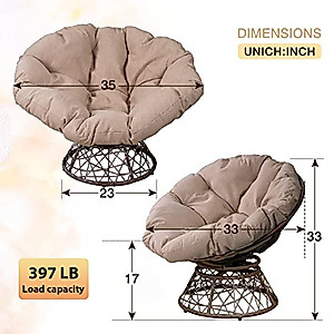 Papasan Chair Patio Lounge Chairs Egg Chair Round Circle Ratten Chair 360-Degree Swivel Papasan Chair with Cushion and Metal Frame for Indoor Outdoor Living Room Bedroom Apartment,Tan