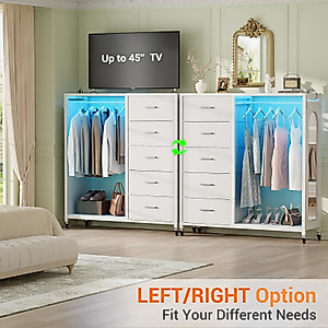 Cyclysio Dresser for Bedroom with Clothes Rack & Mirror, White 5 Drawers Dresser with Charging Station & LED Lights, Rolling Chest of Drawers with Wheels, Full Length Mirror, Wooden Top,Bedroom,Closet