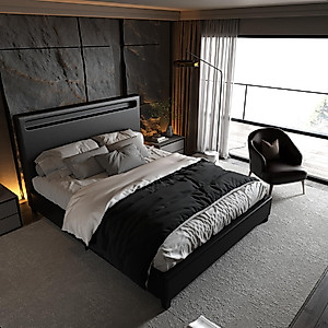 AnwickNomo Modern Queen Size Faux Leather Upholstered Platform Bed Frame with LED Light Headboard, Wood Slat Support, No Box Spring Needed, Mattress Base, Black