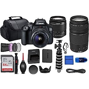 Canon EOS 4000D (Rebel T100) DSLR Camera w/EF-S 18-55mm F/3.5-5.6 Lens + EF 75-300 Lens + Case + Sandisk 64GB Memory Card + 3pc Filter Kit + Tripod + Card Reader + Cleaning Kit (Intl Model) (Renewed)