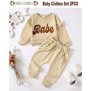 HIGHUZZA 12-18 month girl clothes baby girl clothes toddler girl clothes newborn infant babies fall outfits winter girls sweatshirt baby girls' clothing baby pant set 2 pcs Khaki