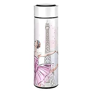 CaTaKu Eiffel Ballet Dancer Water Bottle Insulated 16 oz Stainless Steel Flask Thermos Bottle for Coffee Water Drink Reusable Wide Mouth Vacuum Travel Mug
