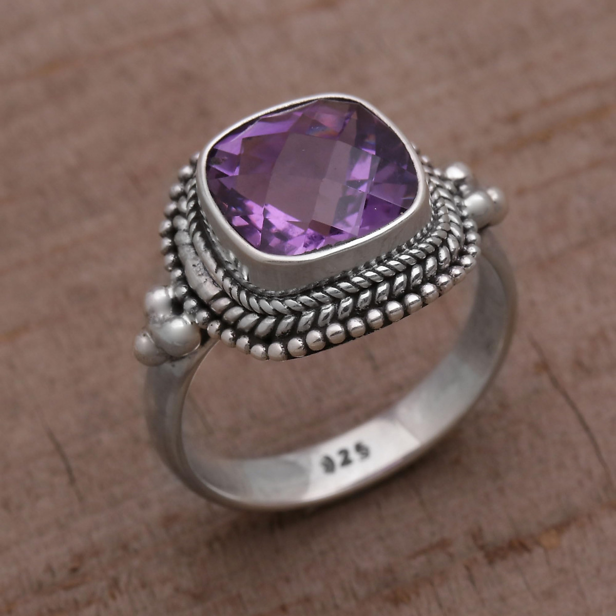 NOVICA Artisan Handmade Amethyst Cocktail Ring Sterling Silver from Bali Purple Single Stone Indonesia Ultra Violet Birthstone [crownbezel 0.6 in H x 0.8 in W x 0.2 in D Band Width 4 mm W] ' Purple