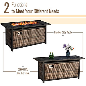 MFSTUDIO 56 Inch PE Rattan Gas Fire Pit Table,50000 BTU Rectangular Outdoor Propane Fire Pit Table with Waterproof Cover and Blue Stone for Patio Courtyard Balcony,Brown