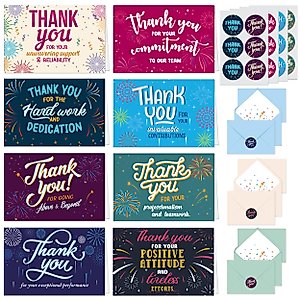 Decorably Work Cards with Envelopes & Stickers - 24 Pack Employee Appreciation Cards with Envelopes & Stickers, Blank Inside 6x4in Employee Thank You Cards for Employees Appreciation