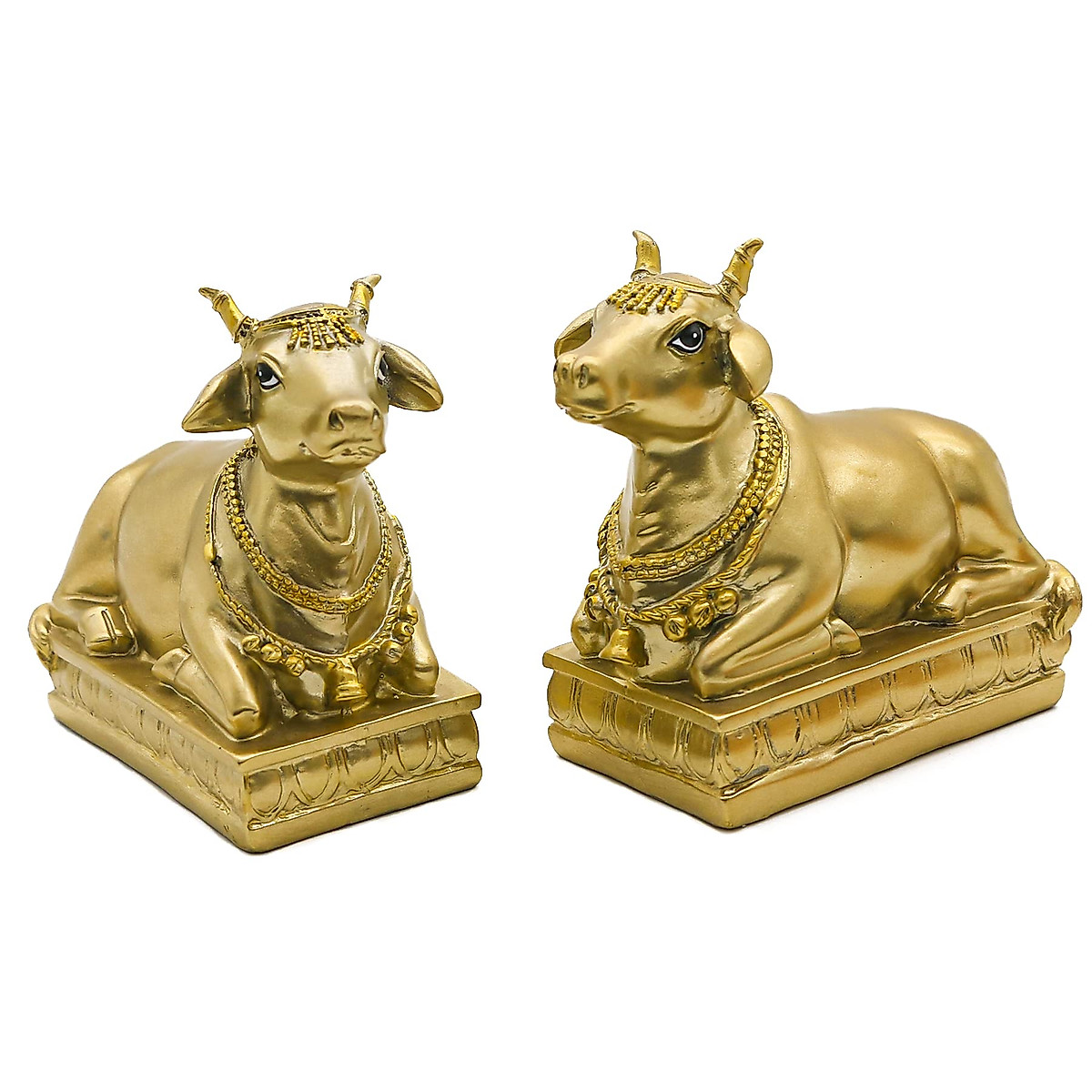 Hindu Nandi Holy Cow Statues - 2PCS Gold Nandi Cow Sitting Position Statue for House Temples Puja Home Decor Diwali Gift