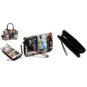 Glossy Magazine Cover Collage Michelle Obama Printed Double Handle Satchel Handbag with Matching Wallet 2pcs set (GRAY/BK)