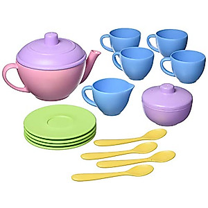 Green Toys Tea Set, Pink 4C - 17 Piece Pretend Play, Motor Skills, Language & Communication Kids Role Play Toy. No BPA, phthalates, PVC. Dishwasher Safe, Recycled Plastic, Made in USA.