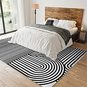 Fashion Mid-Century Geometric Art Non Slip Rugs, Simple Black and White Lines Arch Printed Area Rug, Low Pile Foldable Bedroom Mat for High Traffic Area Living Room Hallway Apartmen,5.3x6.6ft