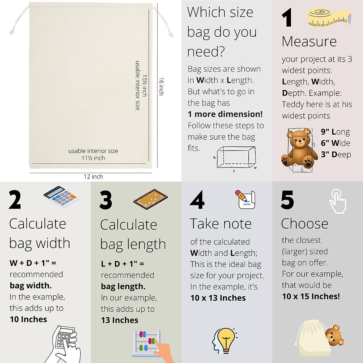 100 Percent Cotton Muslin Drawstring Bags For Shoes Storage Pantry Gifts (12 x 16 inch - 6 pack, Beige)