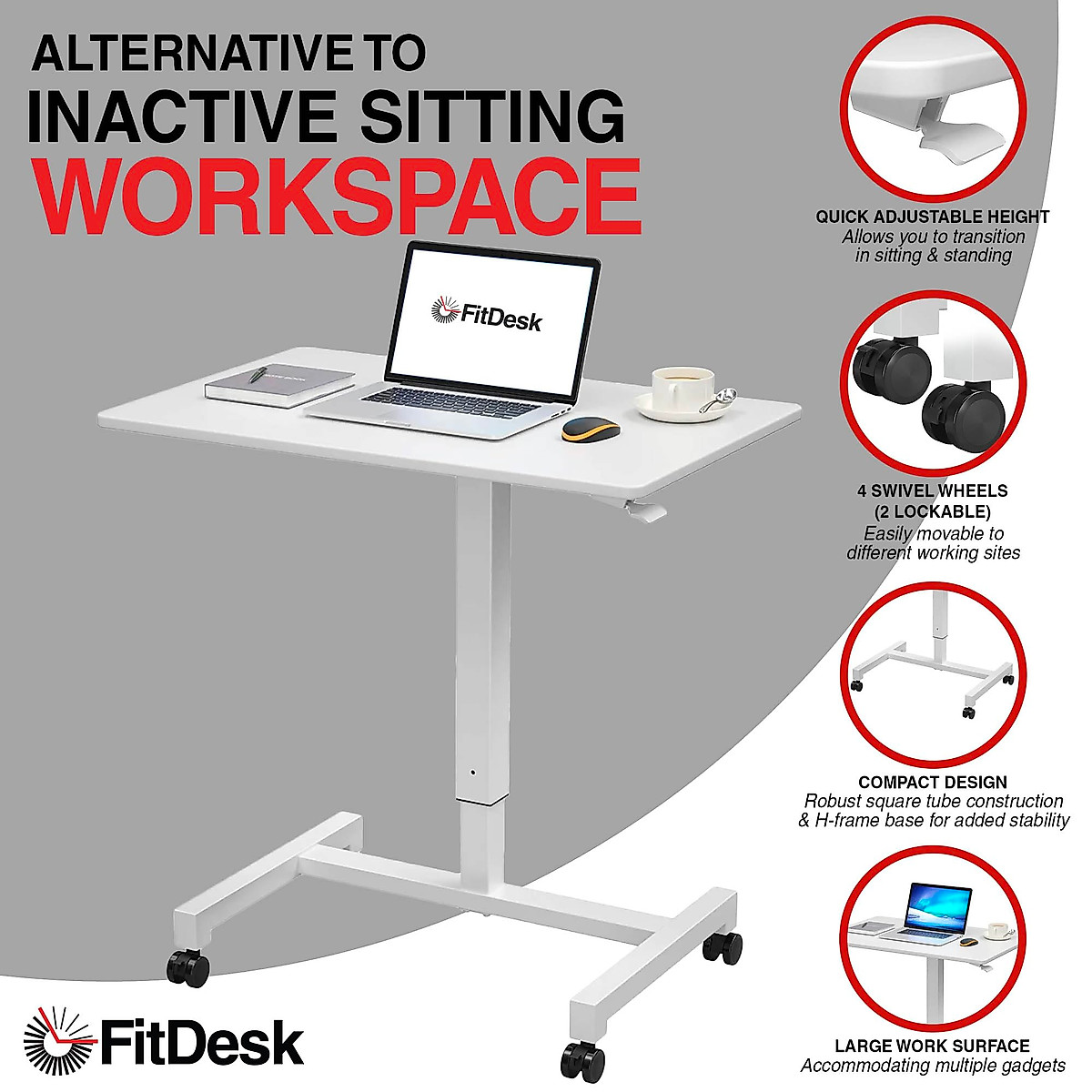 FitDesk Adjustable Desk- Height Adjustable Laptop Desk- Stand Up Desk- Pneumatic Standing Desk- Portable Desk for Laptop- Adjustable Mobile Desk- Portable Office Desk for Home Office- White, 27"