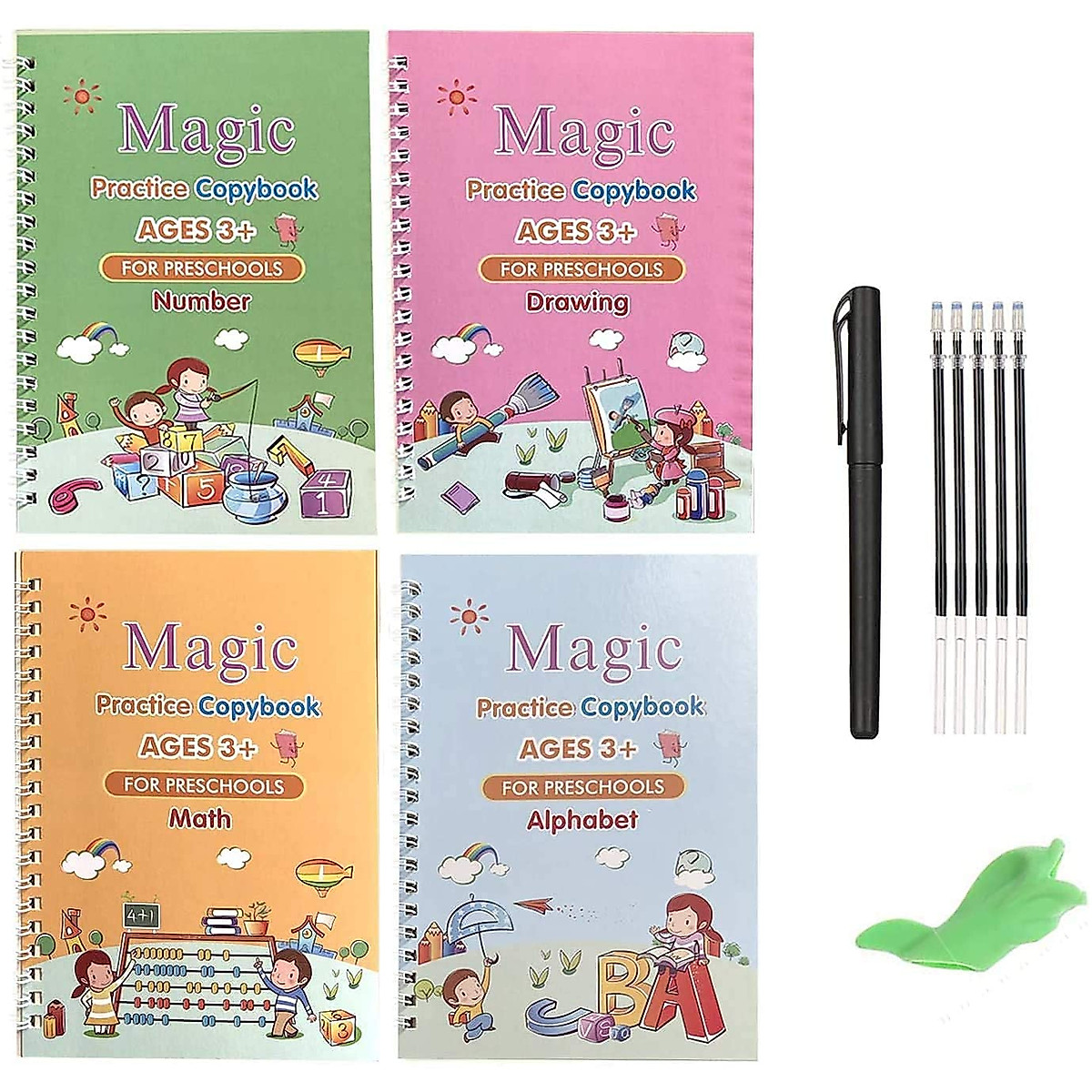 RYZ Magic Practice Copybook for Kids, Magic Calligraphy That Can Be Reused,Magical Handwriting Workbooks Practice Copybook for Preschoolers Kindergarten(4Book + Pen Set)