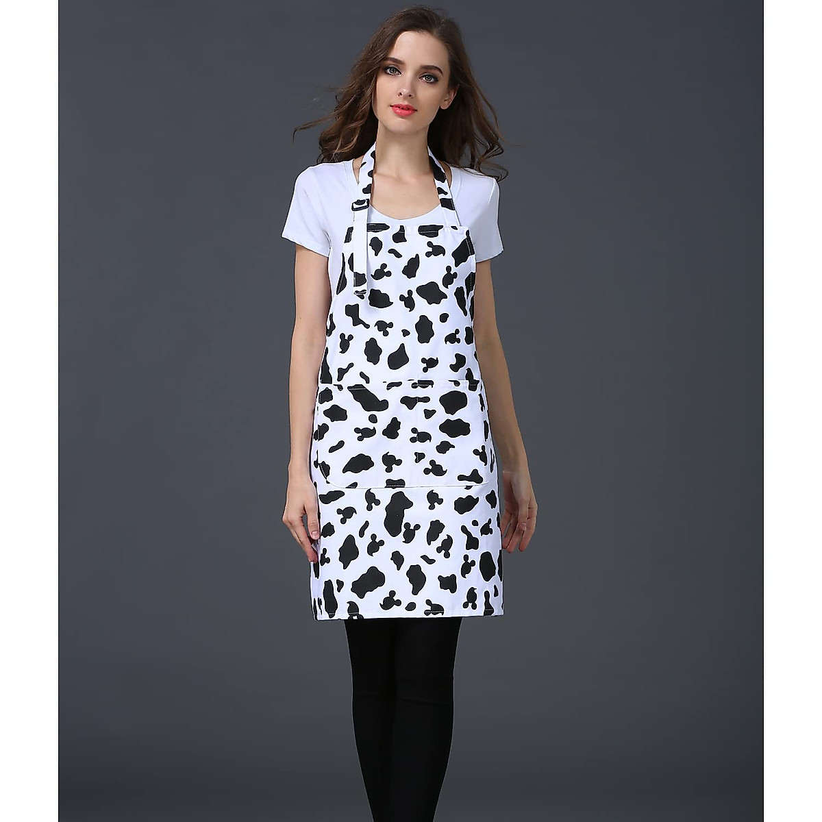 Love Potato Cute Women Girls Cooking Kitchen Apron with Pockets Black White Cow Print Bib Apron Gift, White