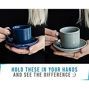 4oz. Espresso Cups Set of 4 With Matching Saucers - Premium Porcelain, 8 Piece Gift Box Demitasse Set - Red, Blue & Grey – Italian Caffè Mugs, Turkish Coffee Cup – Lungo Shots, Dopio Double Shot