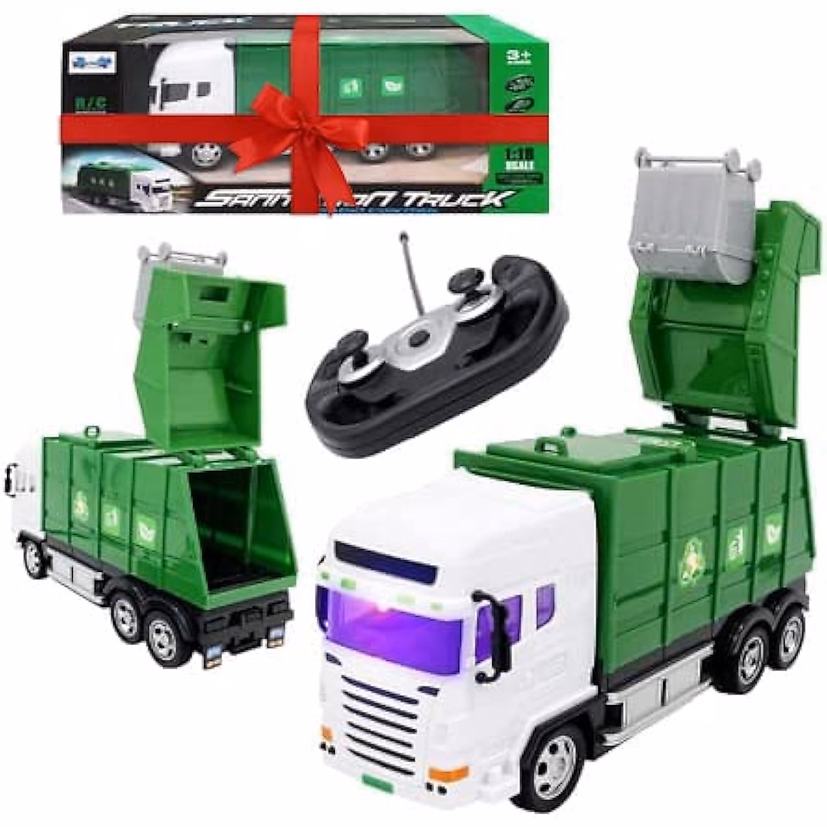 MCNICK & COMPANY Remote Control Garbage Truck - Fun RC Trash Truck Toys for Boys & Girls with Working Lights - Remote Controlled Garbage Truck Toy