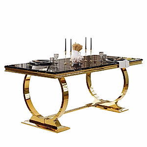 ACEDÉCOR Modern Dining Room Table with Gold Stainless Steel Metal U-Base in Black Gold