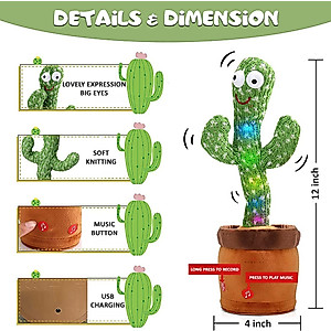 Dancing Cactus Toy Mimicking Talking Cactus Adjustable Volume Singing Cactus Embroidery Buttons Repeating What You Say with Wriggle Lighting, Recording Cactus Soft Plush Baby Toy Funny Toy FG__