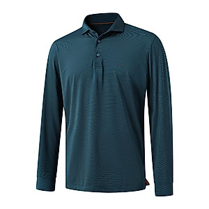 Long Sleeve Golf Shirts for Men UPF 50+ Sun Protection Casual Activewear Striped Mens Polo Turquoise