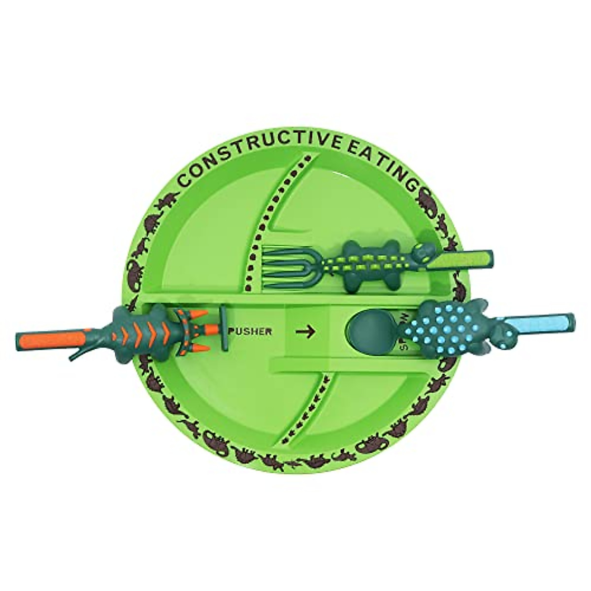 Constructive Eating Plate and Utensils Set Dinosaur - Made in USA - Toddler Dinnerware, Kids Dinnerware and Utensils Set for Ages 1-3, Toddler Utensils 2 and 3 Year Old, Divided Toddler Plates