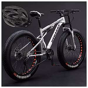 NENAGGE Fat Tire Mountain Bike 26 Inch Wheel 27 Speed Snow Mountain Bicycle for Men and Women, High Carbon Steel Frame Off-Road Bike with Daul Disc Brakes for Outdoor Sports, Silver
