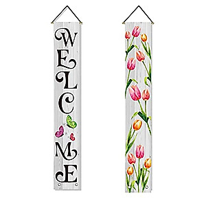AVOIN Spring Welcome Tulip Wood Porch Sign, Butterfly Holiday Wedding Anniversary Mother's Day Hanging Banner Flag for Yard Indoor Outdoor Wedding Party 12 x 72 Inch
