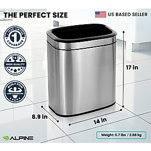 Alpine 20 Liter /5 Gallon Trash Can Open Top - Slim Stainless Steel Trash Can No Lid, Modern Silver Metal Wastebasket, Narrow Trash Can with Removable Trash Bin for Office Desk, Kitchen, Bathroom