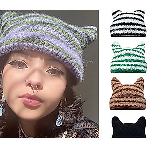 Ponitrack Crochet Hats, Vintage Cat Beanie Grunge Accessories Slouchy Beanies for Women (Black,One Size)