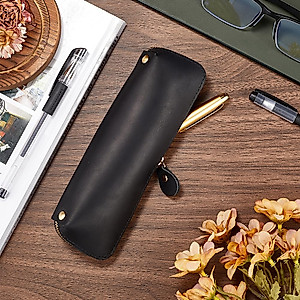 GORGECRAFT Leather Pencil Pouch Genuine Leather Pen and Pencil Case Large Capacity Crazy Horse Black Portable Rectangle Leather Pen Bags with Zipper for Men and Women Office Supplies Pen Case