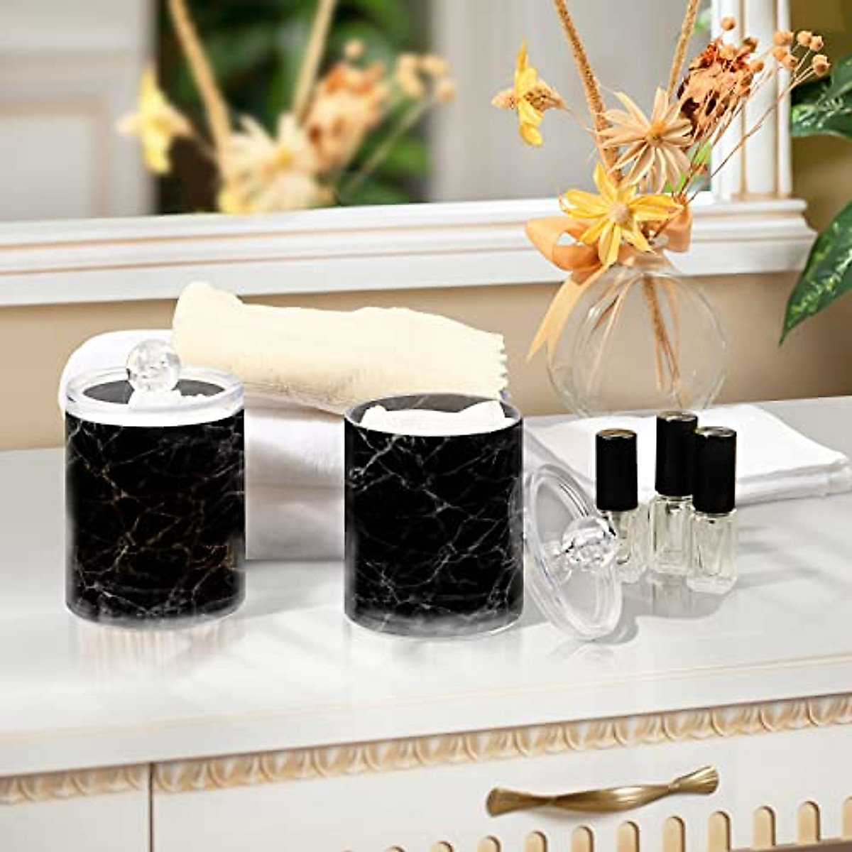 Blueangle 4PCS Black Marble Texture Qtip Holder Dispenser with Lids - Apothecary Jar Containers for Vanity Organizer Storage - Plastic Food Storage Canisters（144）