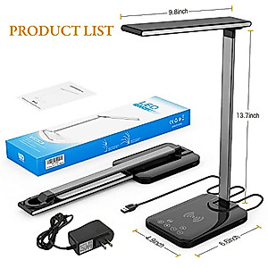Becament LED Desk Lamp with Wireless Charger, USB Charging Port, 5 Color Modes with 5 Brightness Levels, Dimmable Home Office Lamp, Touch Control, 30/60 Min Timer, Eye-Caring Reading Table Lamp, Black