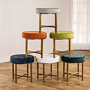 HomePop Round Metal Base Decorative Ottoman, White Velvet