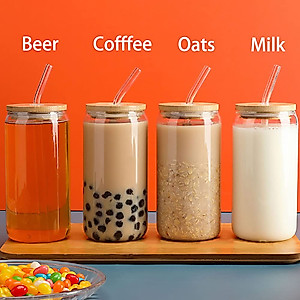 Euchinghea Glass Tumbler with Straw And Lid - 16oz Drinking Glasses 4pcs Set - Iced Coffee Cups With Lids And Straw,Boba Cup,Beer Can Glass,Cute Coffee Cups