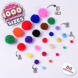 Adeweave 1000 Assorted Craft pom poms – Multicolor Bulk pom poms Arts and Crafts, Pompoms for Crafts in Assorted Size- Soft and Fluffy Puff Balls, Large Colored Cotton Balls for Home and School