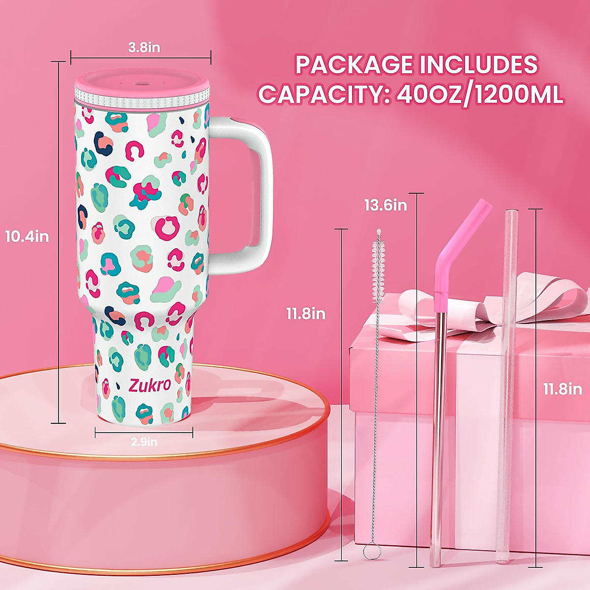 Zukro 40 oz Triple Insulated Tumbler with Handle and Straw Lid - Stainless Steel Cup Travel Mug Fits in Cupholder - No Sweat Water Bottle Keeps Drinks Cold 30 Hours - Dishwasher Safe - Lavender