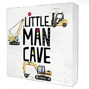 Construction Nursery Little Man Cave Wood Box Sign Construction Truck Transportation Vehicle Wooden Box Sign Plaque for Wall Desk Home Boys Room Decoration