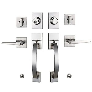 NEWBANG Silver Double Doors Handle Lock Set for Front & Entry Door - Satin Nickel Finish,MDHST2017SN-SET-BR
