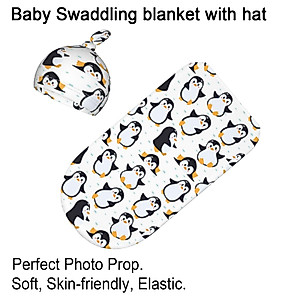 Qwalnely Swaddling Blanket for Baby, Sleeping Sacks, Unisex Baby Stuff with Hat, Penguin