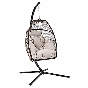 Devoko Egg Chair Indoor Outdoor Hanging Swing Chair Wicker Rattan Patio Hammock Chair with Stand Soft Cushion for Bedroom Garden Backyard (Tan)