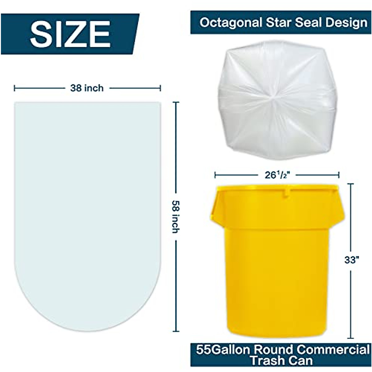 55 Gallon Trash Bags - 50 Count - 38" x 58" Clear Plastic Garbage Bags, Coreless Plastic Garbage Bags Perfect for Commercial Waste Indoor and Outdoor Useor Recycling Bins