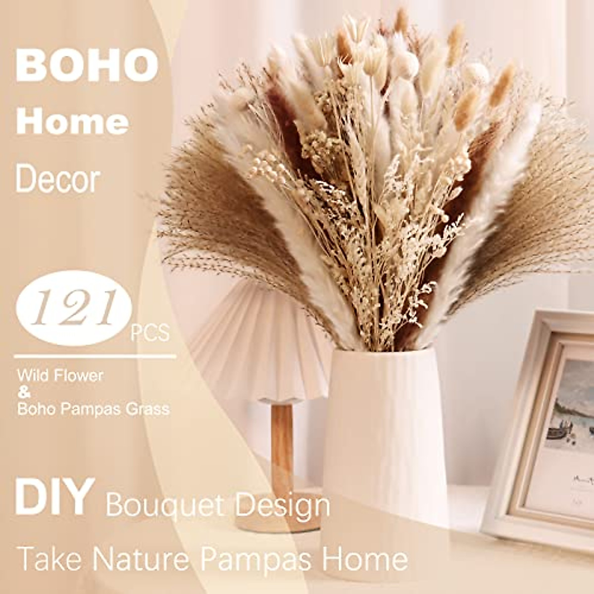 121pcs Dried Pampas Grass Decor, Boho Home Table Fall Decor Dried Flowers, White & Natural Pampas Grass, Reed Grass, Bunny Tails, 17 inch Pompass Grass for Wedding Home Decoration, Farmhouse Party