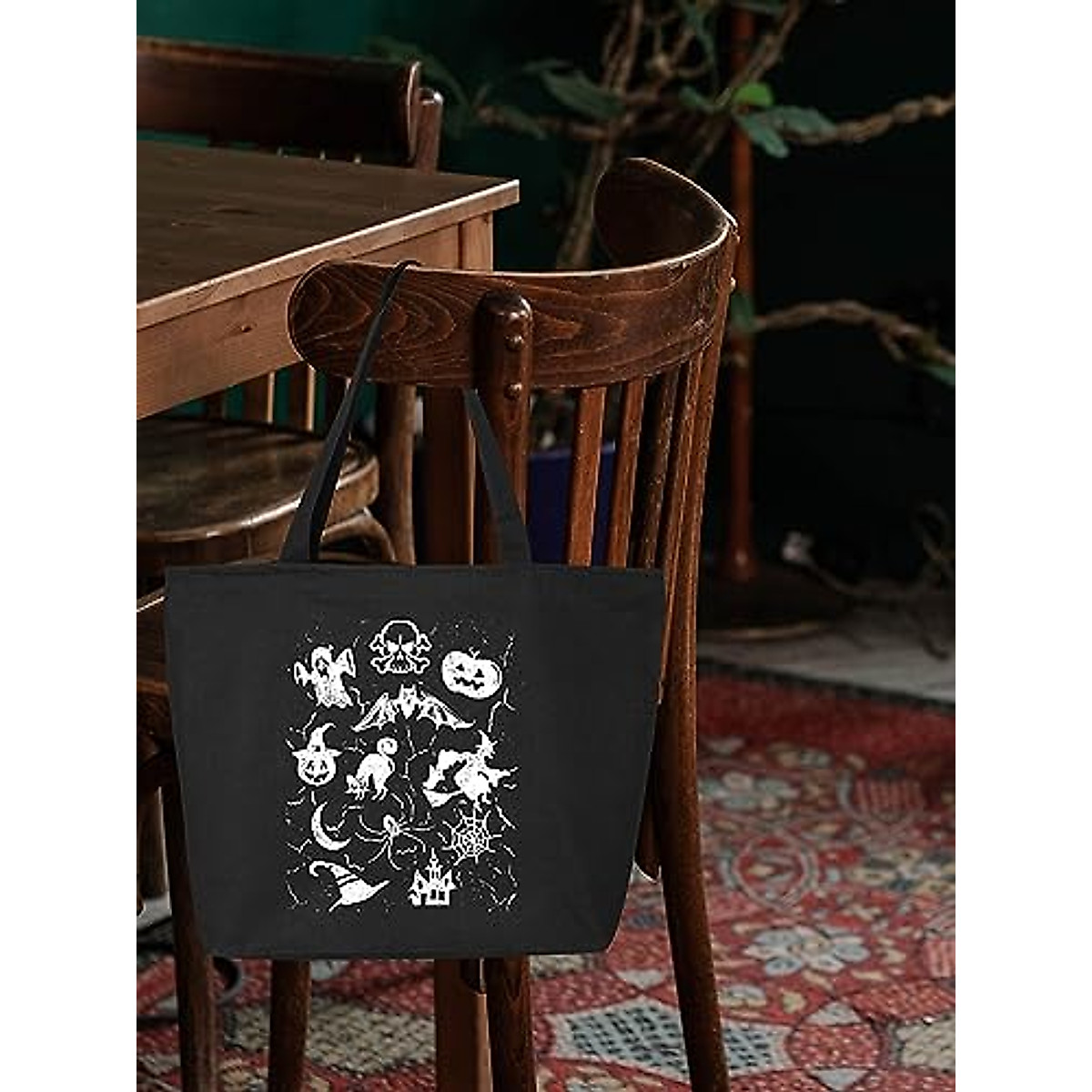 shop4ever Halloween Mash Witch Skull Pumpkin Cat Trick or Treat Heavy Canvas Tote with Zipper Reusable Shopping Bag Black ZIP 1