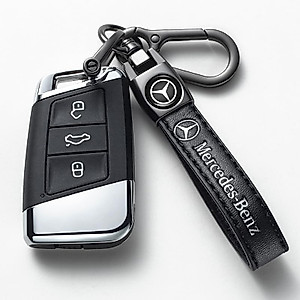 SunteeLong Genuine Leather Car Keychain Set Mercedes-Benz for A-Class C-Class CLA CLS AMG GLC GLE GLS Men's and Women's Family Present Keychain Keyring Lanyard Accessory (Black)