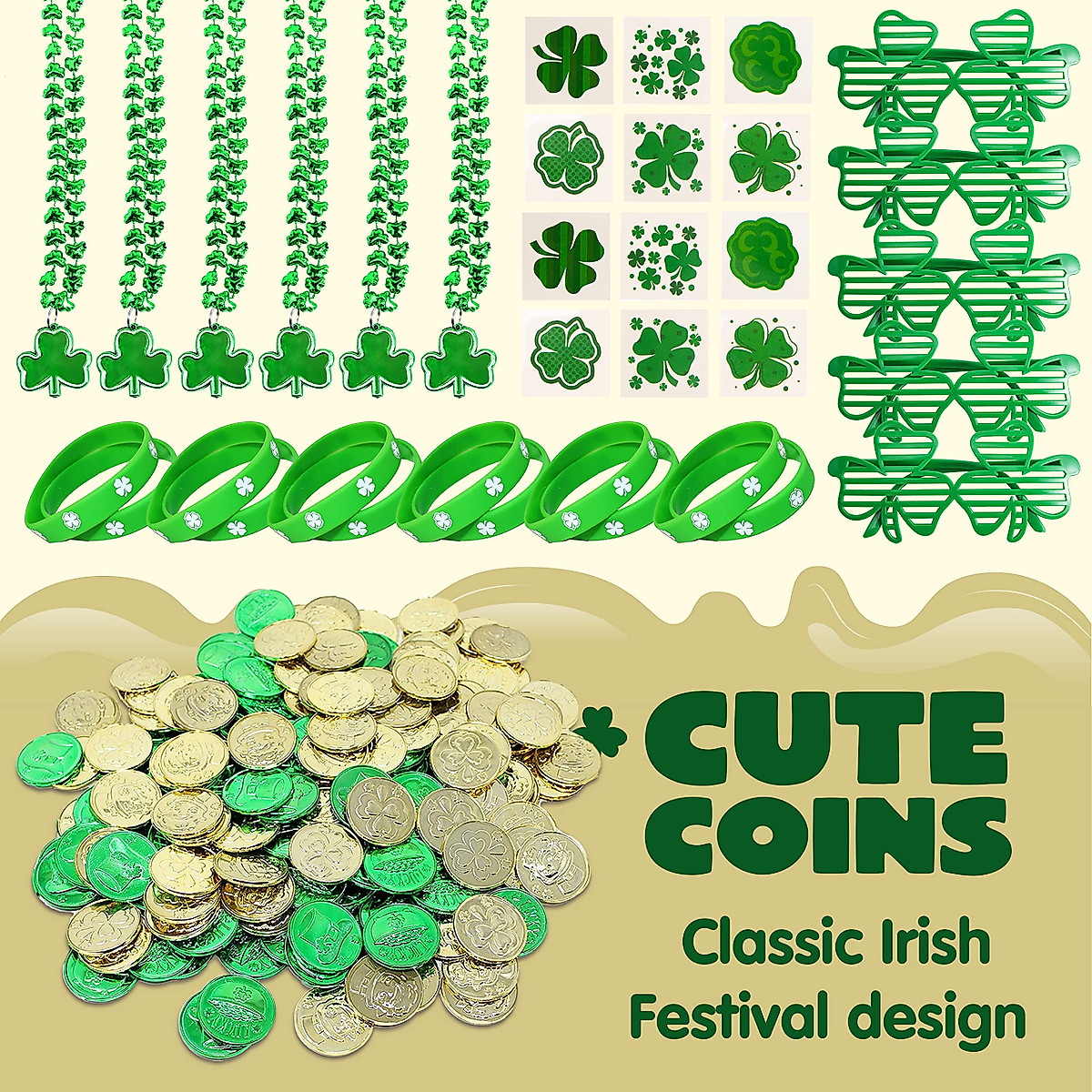 JOYIN 156 Pcs St. Patrick's Day Party Favor Set, 6 Necklaces 6 Eyeglasses 12 Bracelets 72 Temporary Tattoos 12 PCS Mustache 48 Plastic Coins St Patricks Day Accessories