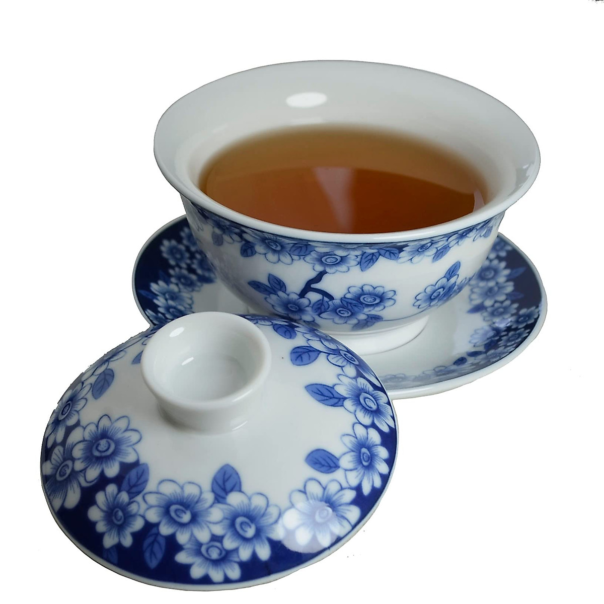 vv8oo Gaiwan 6oz Teacup Chinese Gongfu Tea Set Blue and White Porcelain Tea Cups Ceramic Tureen Teacup Sancai Cover Bowl with Lip Saucer Love of Butterfly (Love of Butterfly)