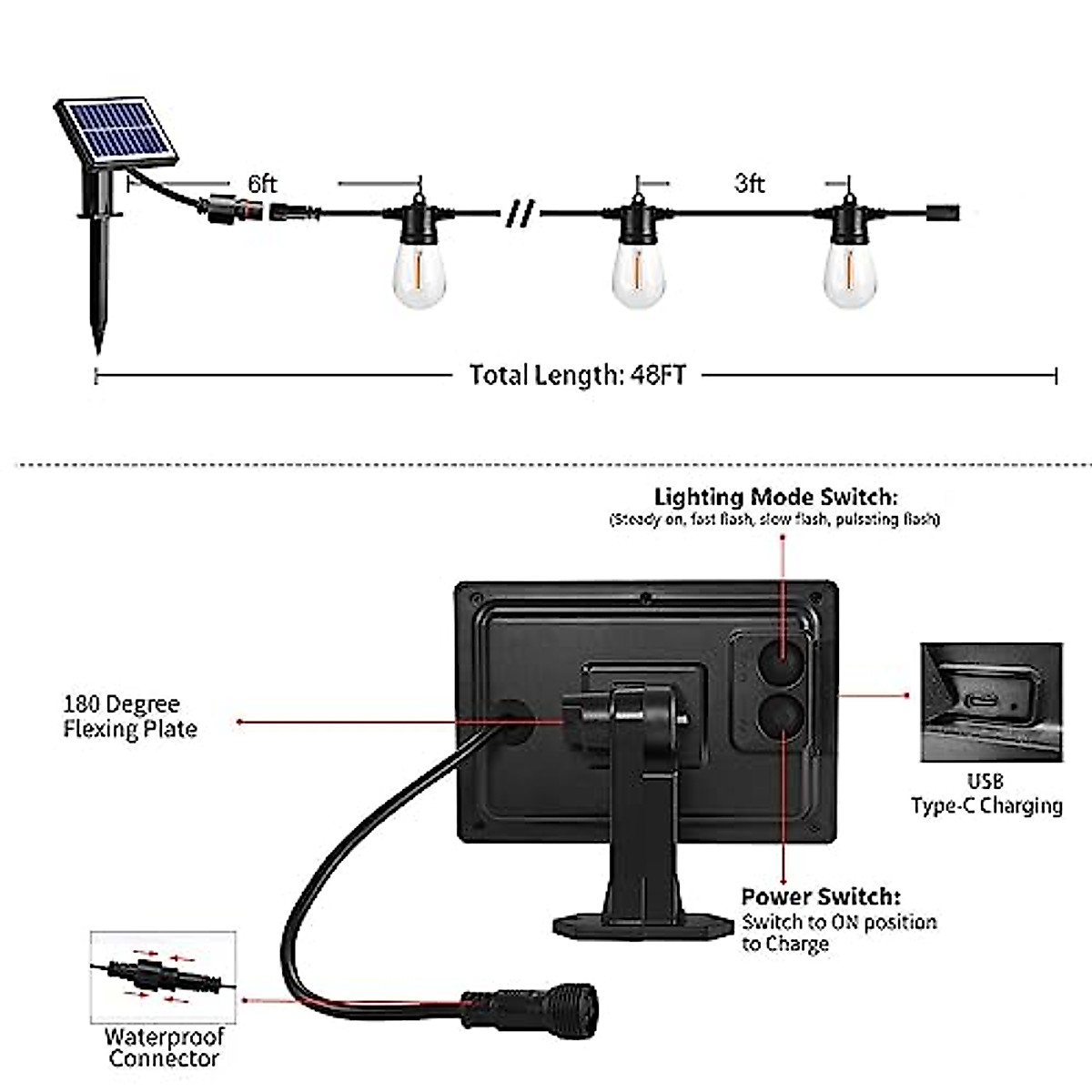 SUNTHIN Outdoor Solar String Lights, 48ft Solar Patio Lights with USB Rechargeable, Waterproof & Shatterproof Solar Powered Bulbs for Yard, Porch, Garden, Pool, Party, Camping