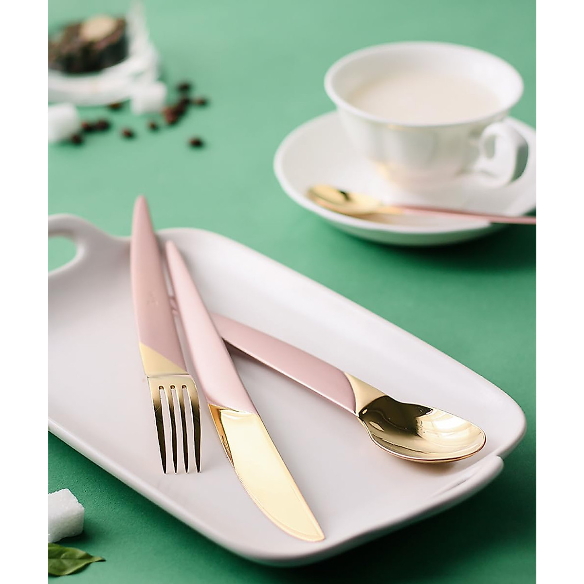 Taiyoko Silverware Set Pink Gold Flatware Unique 24-Piece Stainless Steel Black Cutlery Mirror Polished Kitchen Utensils Tableware Service with Steak Knives Dinner Fork Knife Spoon