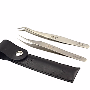 2 Pcs VETUS Eyelash Extension Tweezers Dolphin-shaped and Curved Tip Tweezers Professional Volume & Classic Tweezers Set with Black Leather Sheath(Jinyujia&Haitunjia)