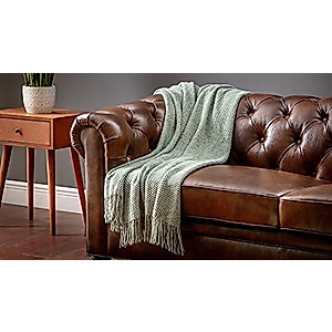 Chanasya Textured Knitted Sage Green Throw Blanket With Tassels - Soft Acrylic Bohemian Farmhouse Chic Accent Throw - Decorative for Sofa Chair Couch Bed Living Room (50x65 Inch) Boho Tan Sage Blanket